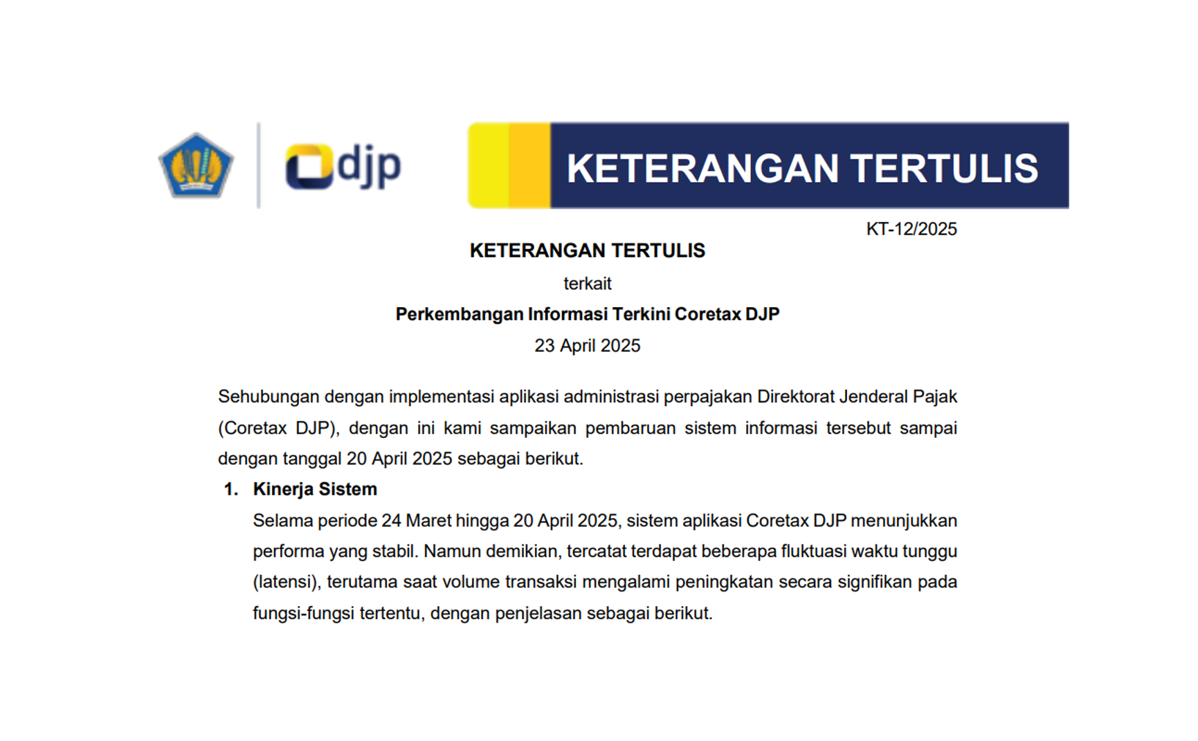 Update Terkini Coretax DJP Hingga 20 April 2025
